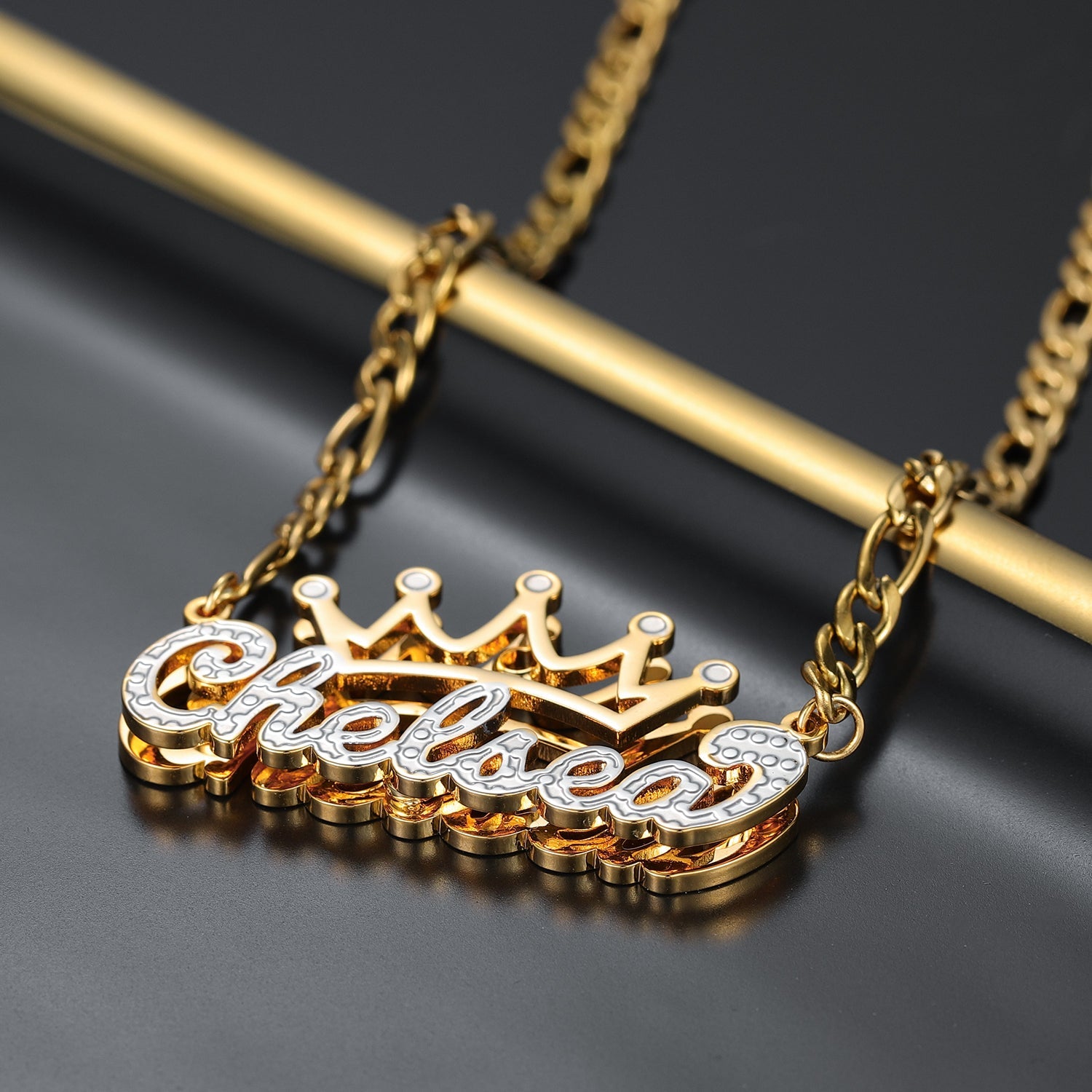 Kids Double Plated Crown Name Necklace w Figaro Chain Silver Stainless Steel 14 Chain Ages 5 12 at Dorado Fashion